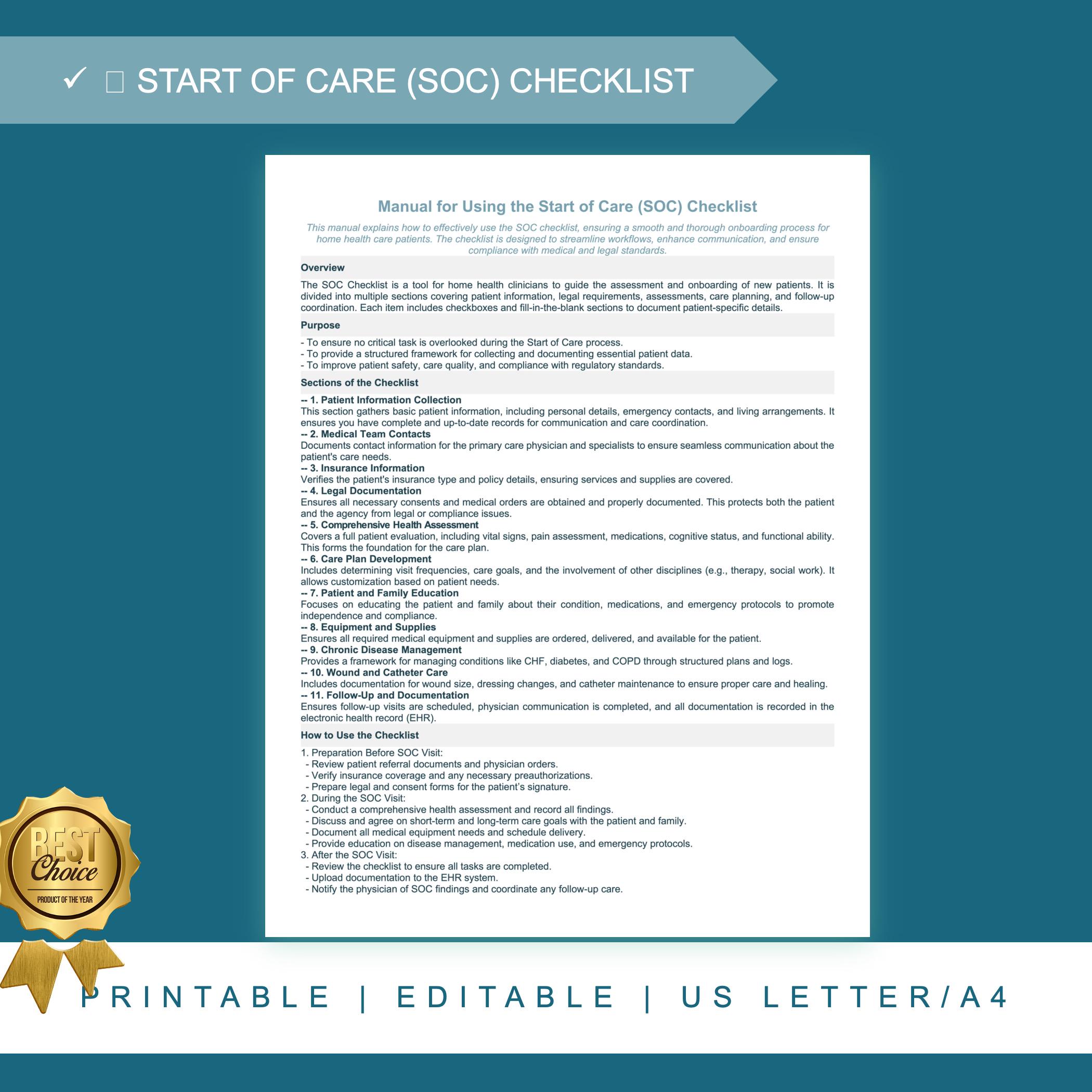 Comprehensive Soc Checklist for Home Health Care, Editable Start of Care (SOC) Checklist, SOC ...