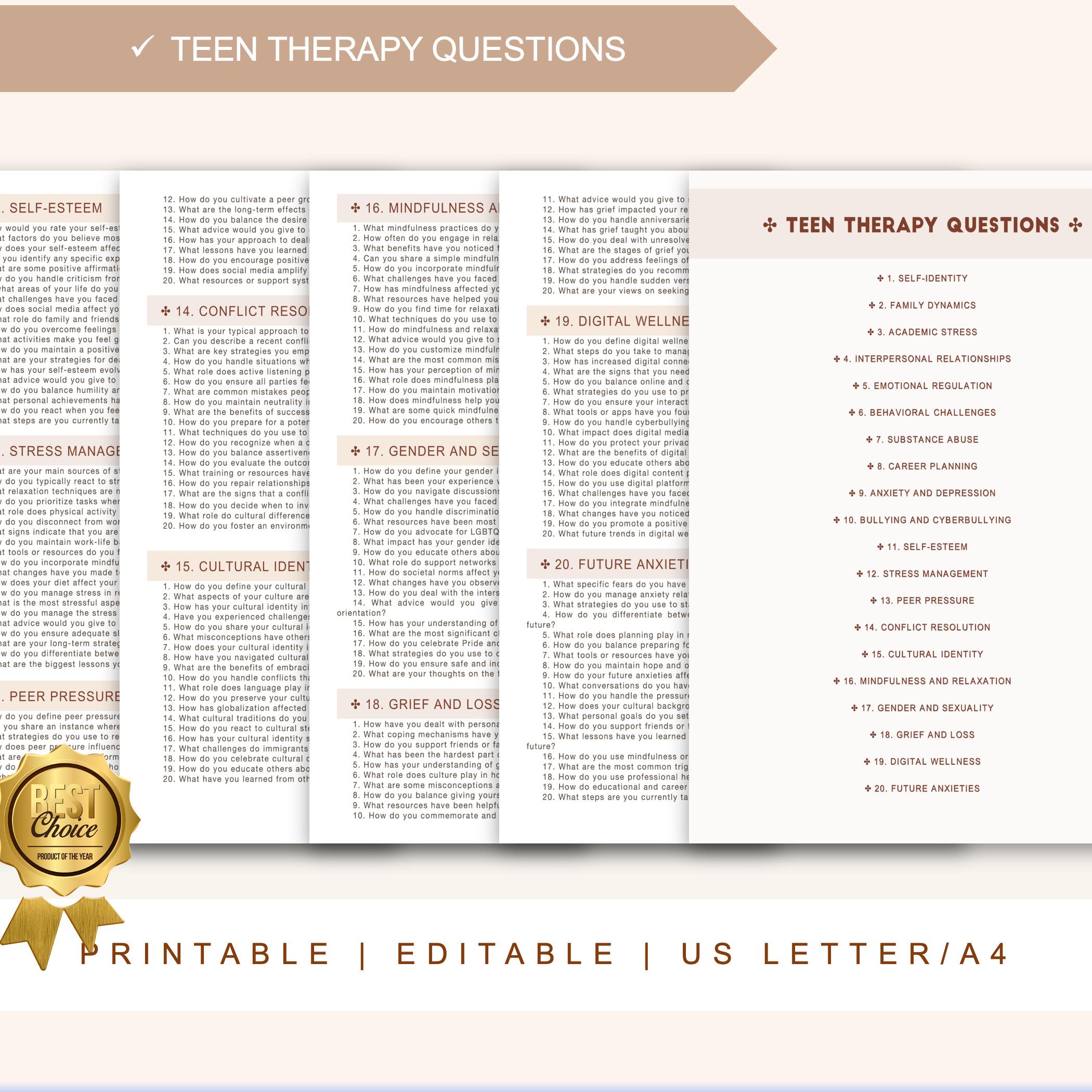Teen Therapy Questions, Adolescent Therapy, Teens Questionnaire, Teens ...