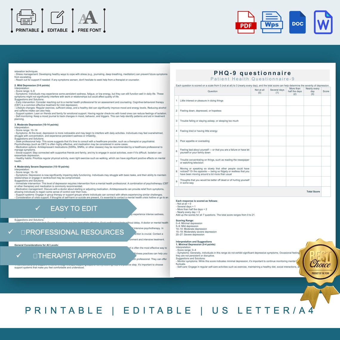 Printable PHQ-9 Questionnaire, Phq-9 Depression Test,phq-9 Self ...