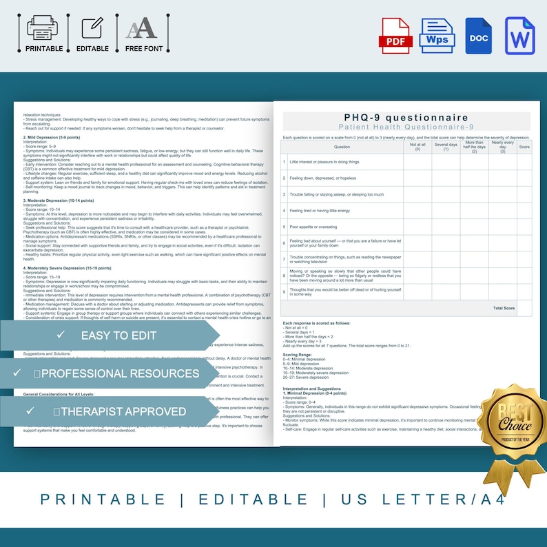 Printable PHQ-9 Questionnaire, Phq-9 Depression Test,phq-9 Self ...