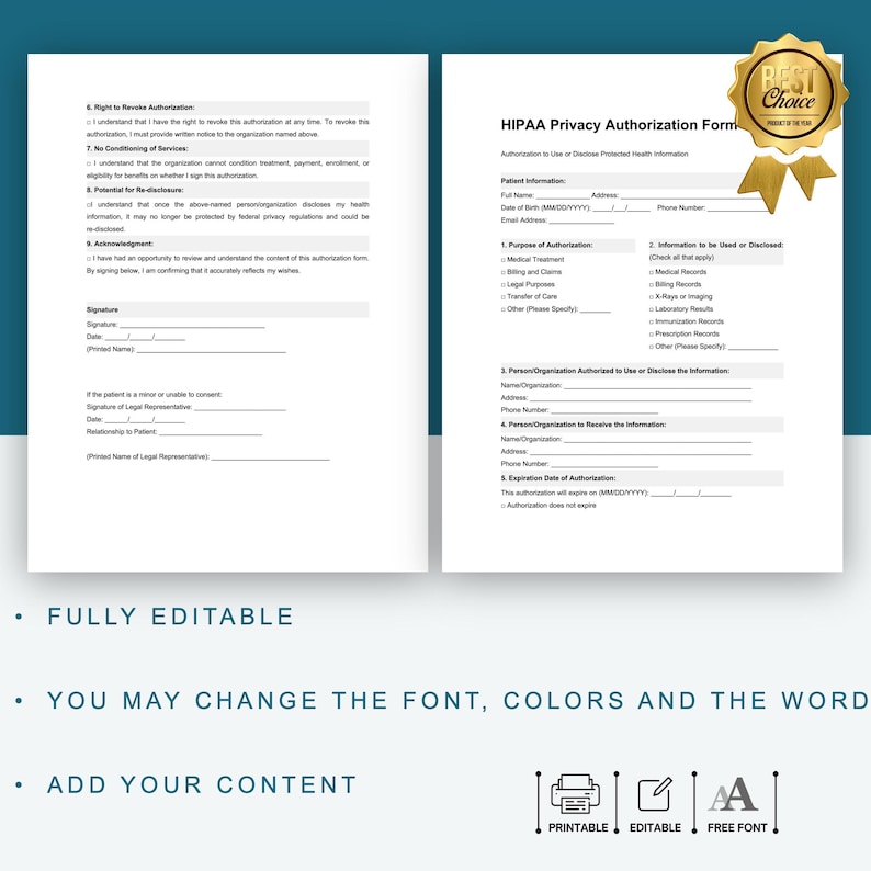 Editable HIPAA Privacy Authorization Form, Printable Medical Release ...