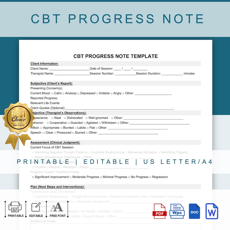 Printable CBT Progress Note Template for Therapists, Editable Cognitive ...