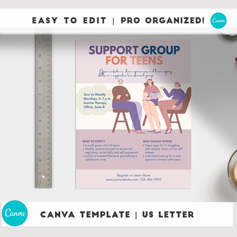 Teen Therapy Group Flyer Template Canva, Anxiety Support Group for ...