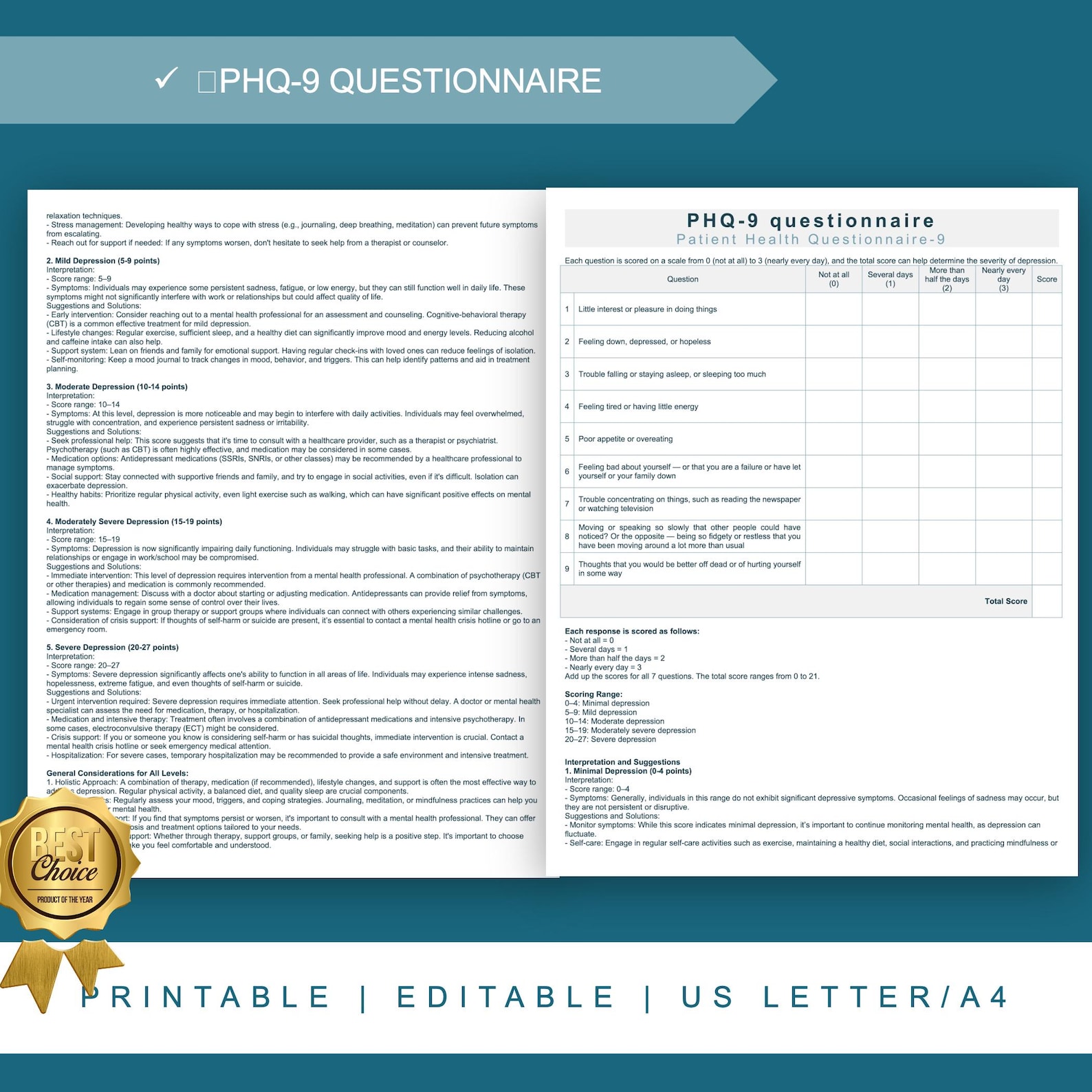 Printable PHQ-9 Questionnaire, Phq-9 Depression Test,phq-9 Self ...
