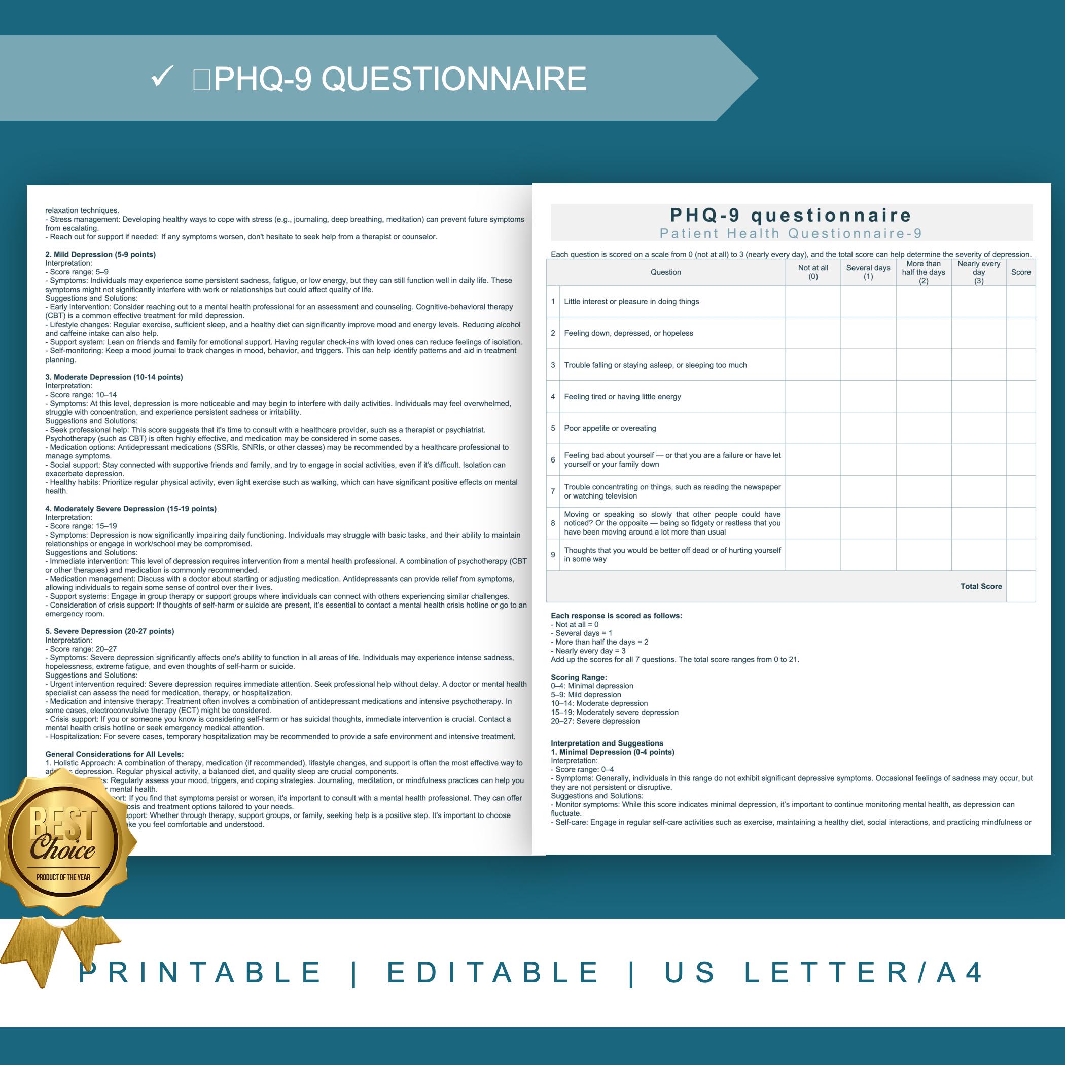 Printable PHQ-9 Questionnaire, Phq-9 Depression Test,phq-9 Self ...