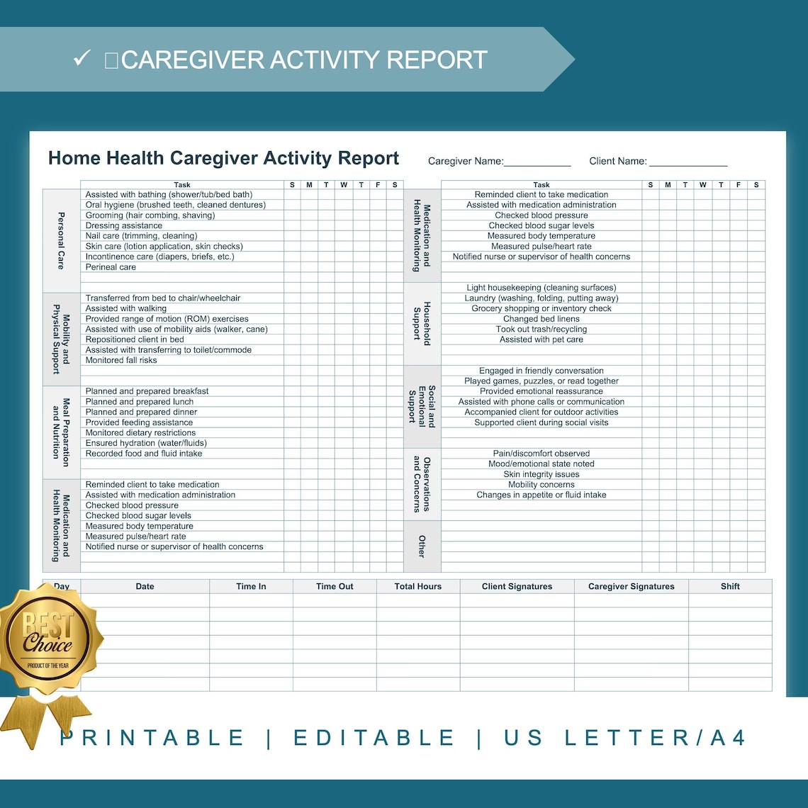 Home Health Caregiver Activity Report Template, Editable Weekly ...