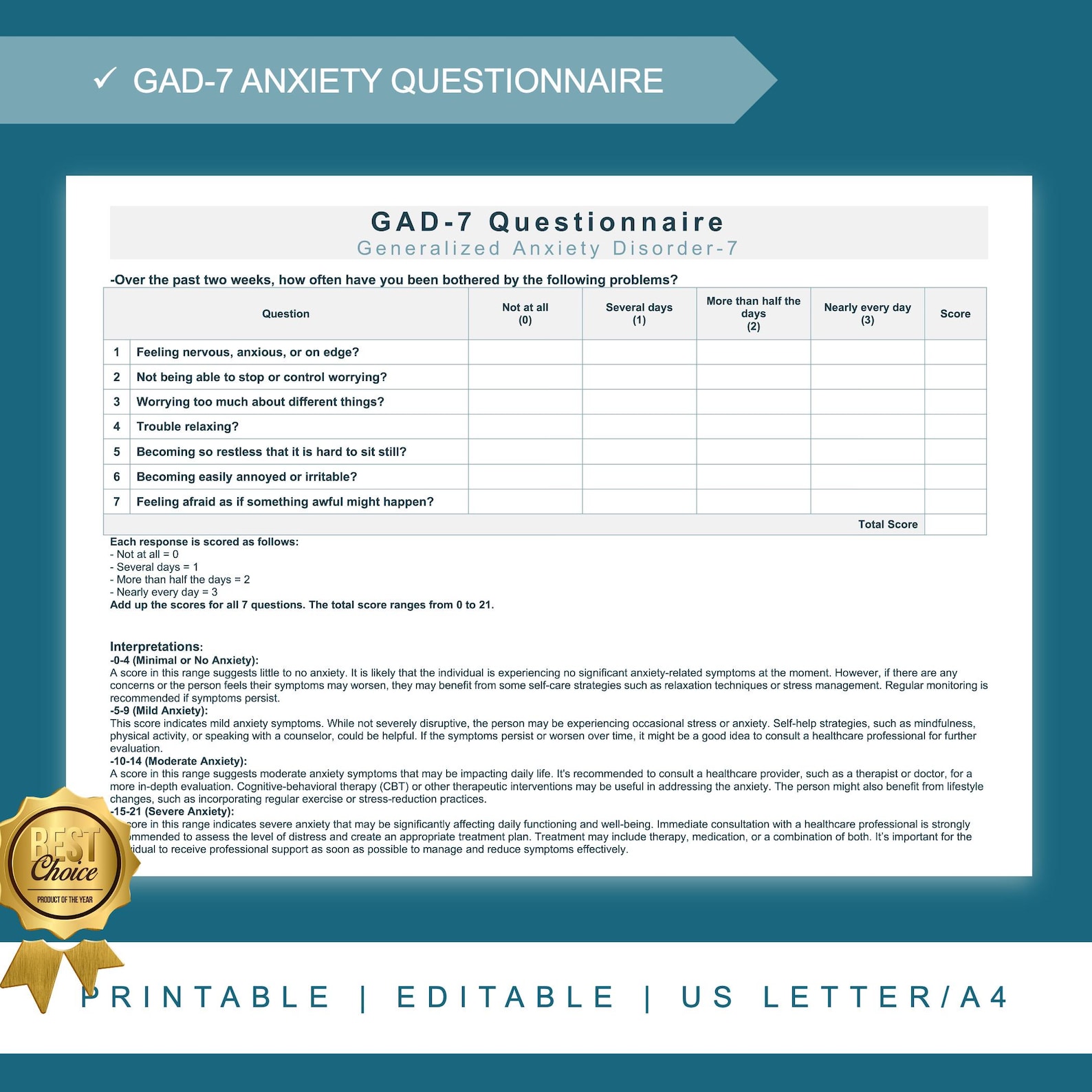 GAD-7 Anxiety Questionnaire, Generalized Anxiety Disorder Screening ...