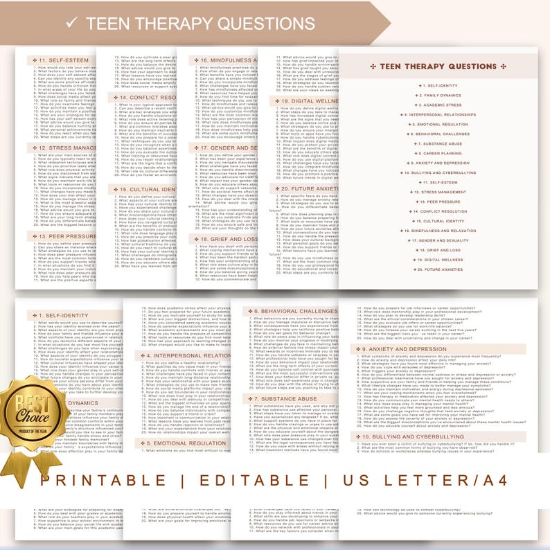 Teen Therapy Questions, Adolescent Therapy, Teens Questionnaire, Teens ...