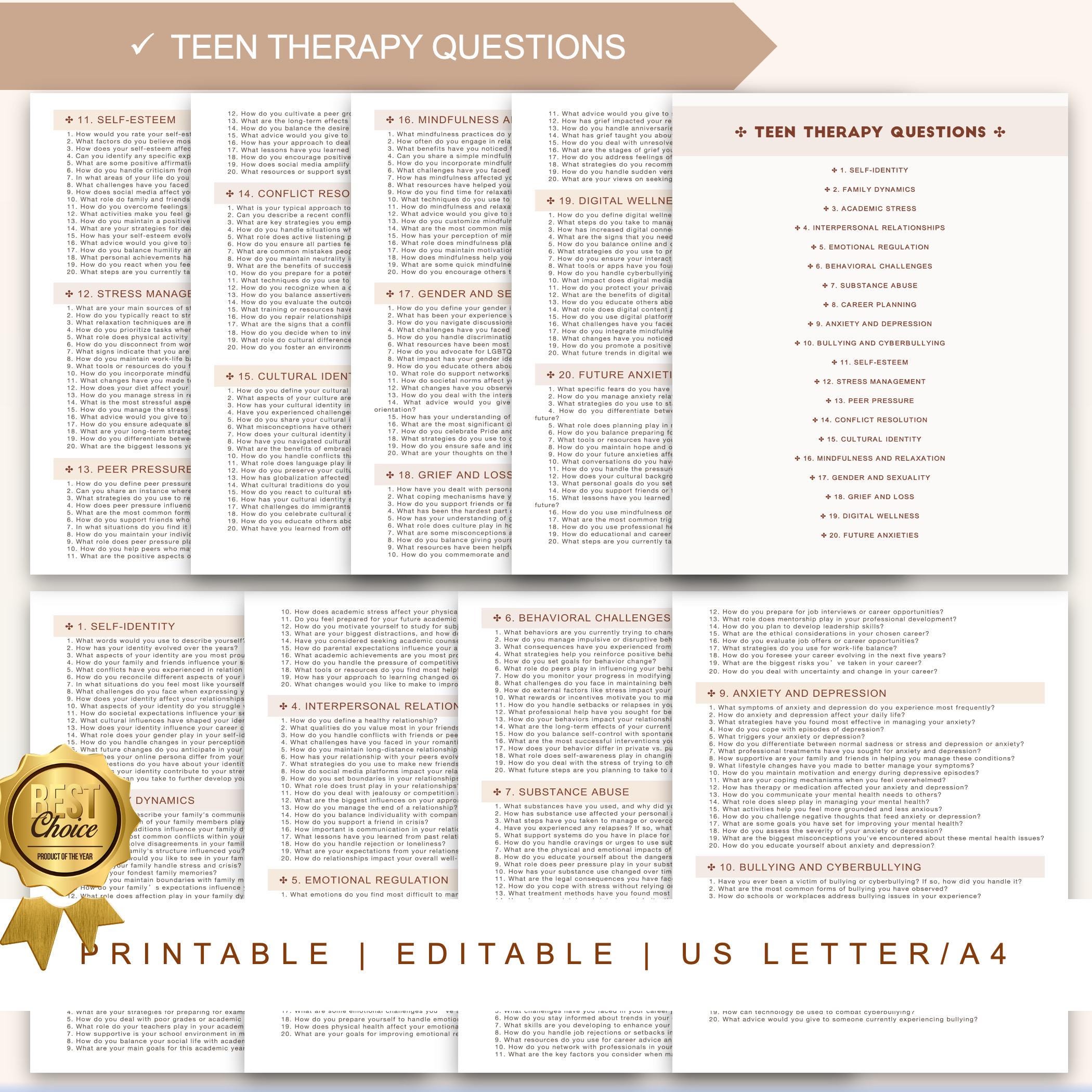 Teen Therapy Questions, Adolescent Therapy, Teens Questionnaire, Teens ...