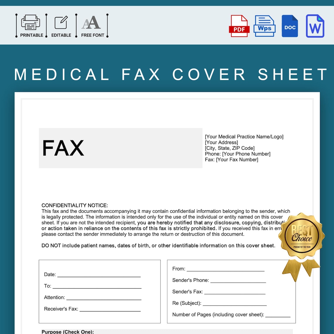 Medical Fax Cover Sheet Template, Printable Healthcare Fax Cover Sheet ...