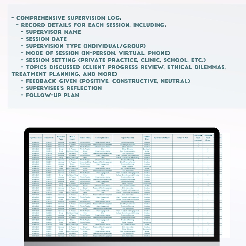 Clinical Supervision Session Tracker for Lpcs, Supervision Tracking Log ...