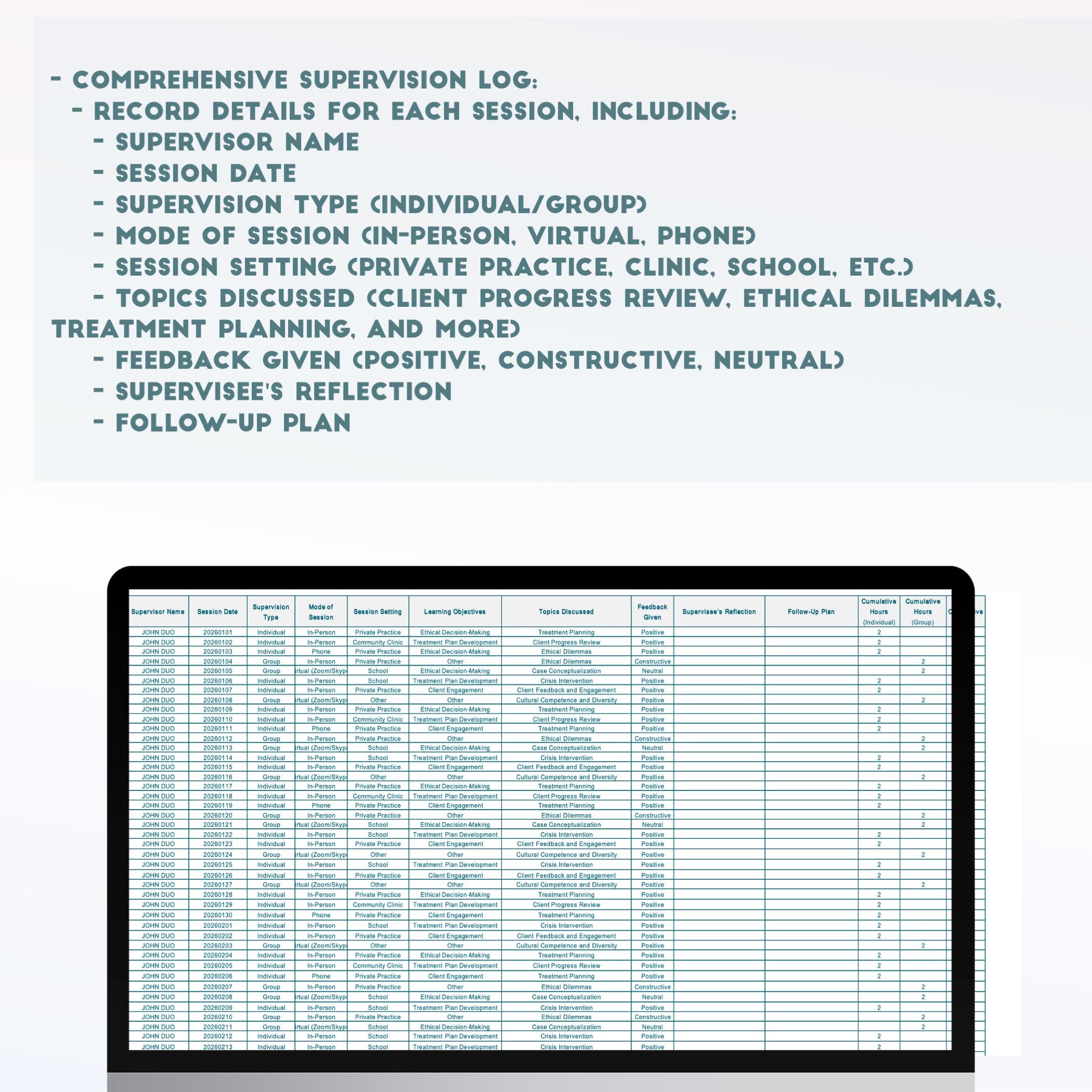 Clinical Supervision Session Tracker for Lpcs, Supervision Tracking Log ...