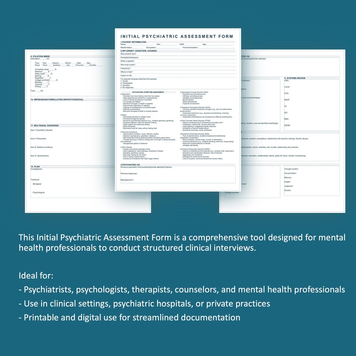 Initial Psychiatric Assessment Form, Clinical Interview Guide, Mental Health Evaluation Template ...