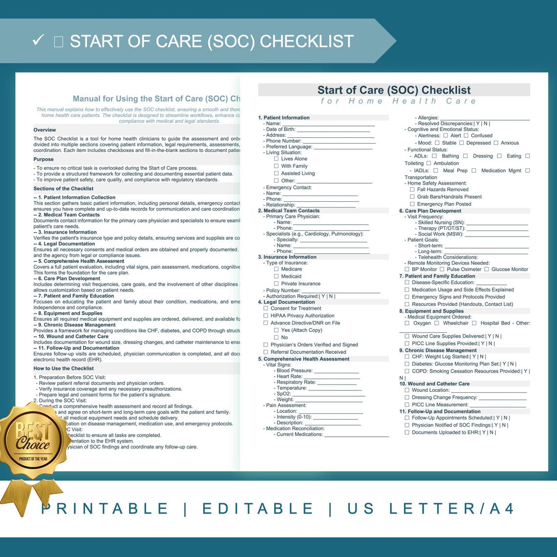 Comprehensive Soc Checklist for Home Health Care, Editable Start of ...