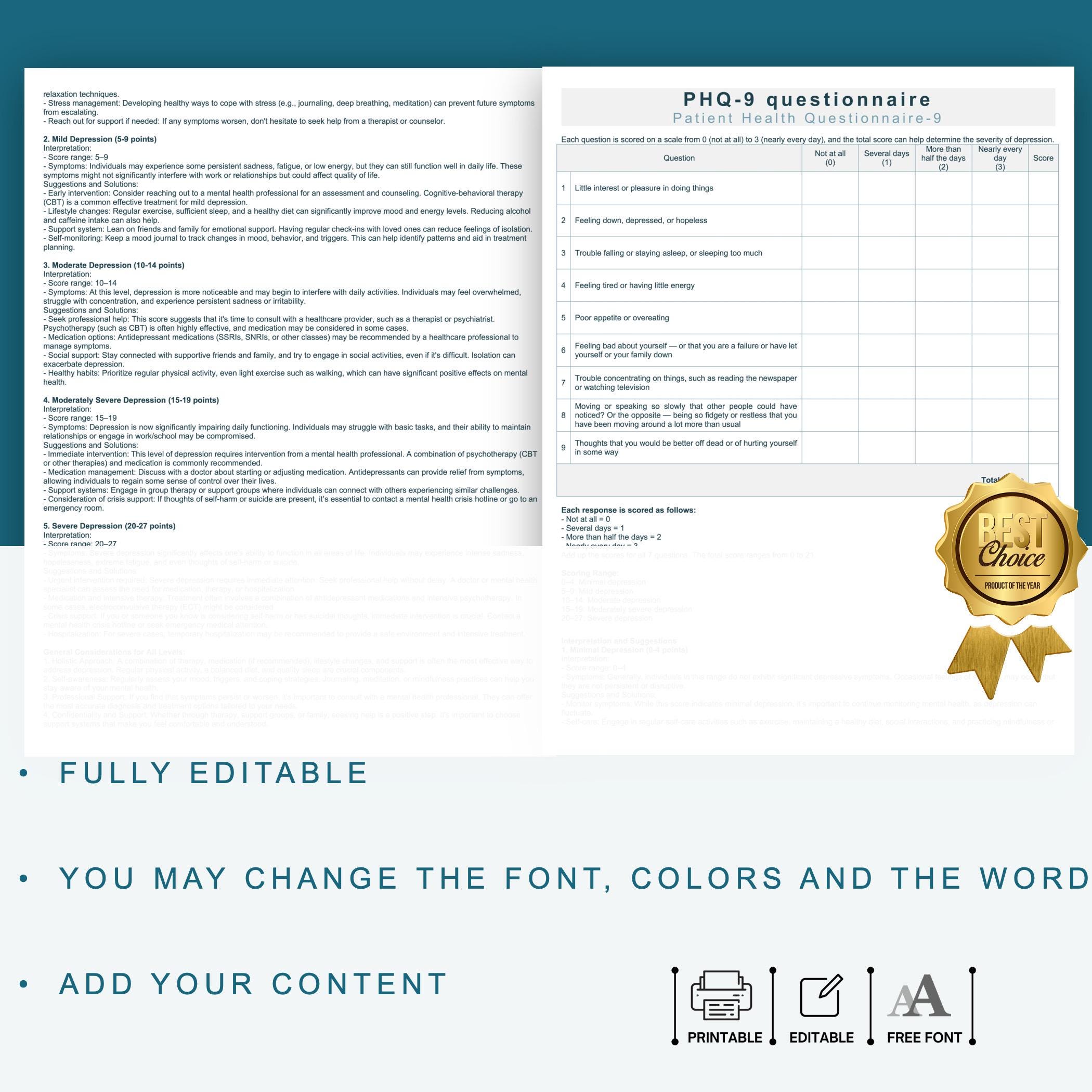 Printable PHQ-9 Questionnaire, Phq-9 Depression Test,phq-9 Self ...