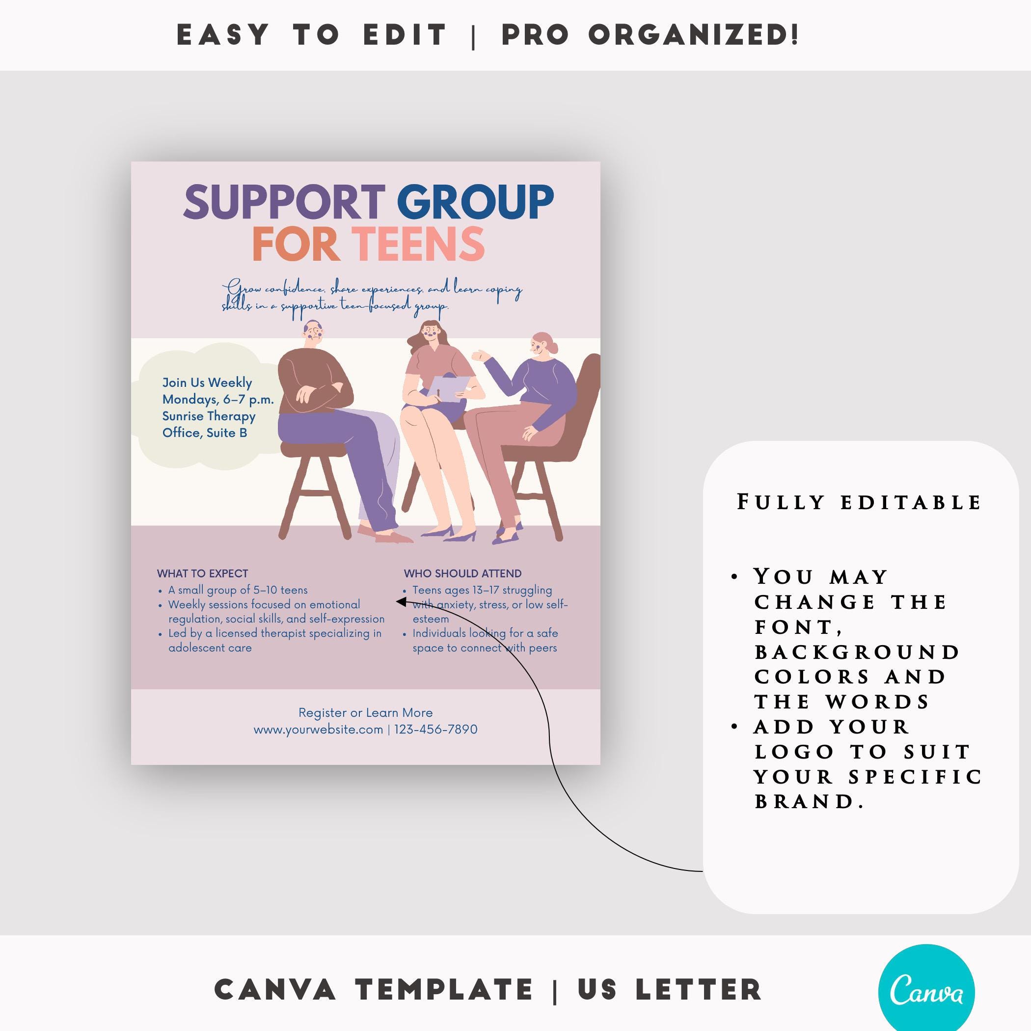Teen Therapy Group Flyer Template Canva, Anxiety Support Group for ...