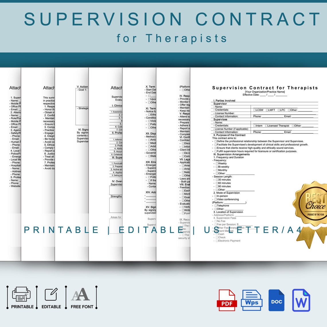 Supervision Contract Template for Therapists, Printable Supervision ...