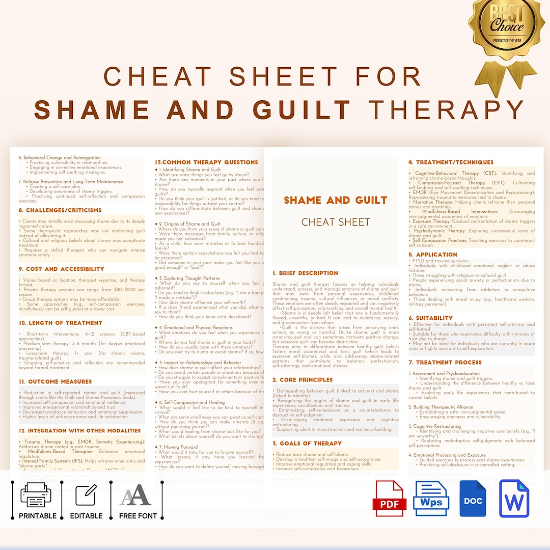 Shame and Guilt Therapy Cheat Sheet, Cognitive Reframing and Emotional ...