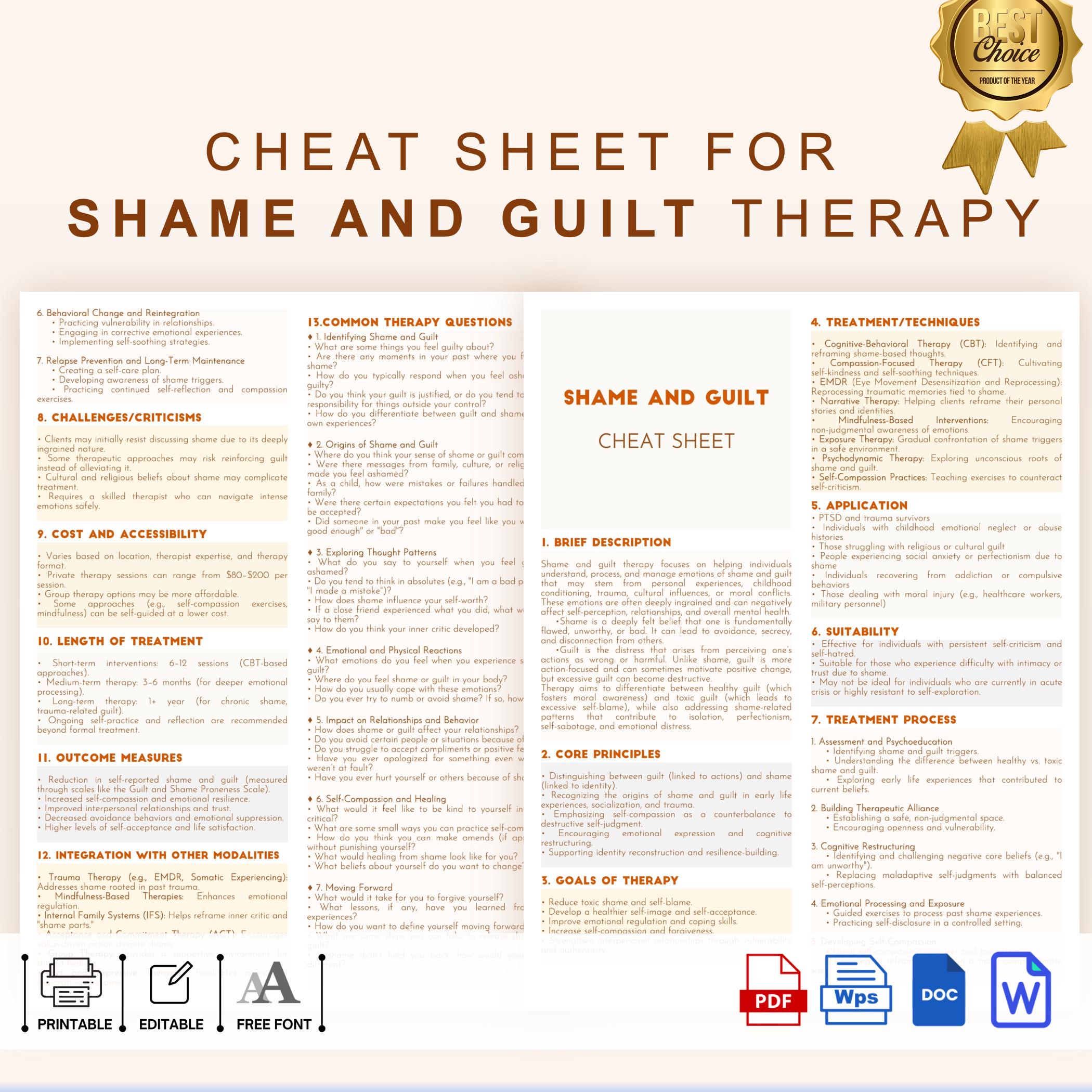 Shame and Guilt Therapy Cheat Sheet, Cognitive Reframing and Emotional ...