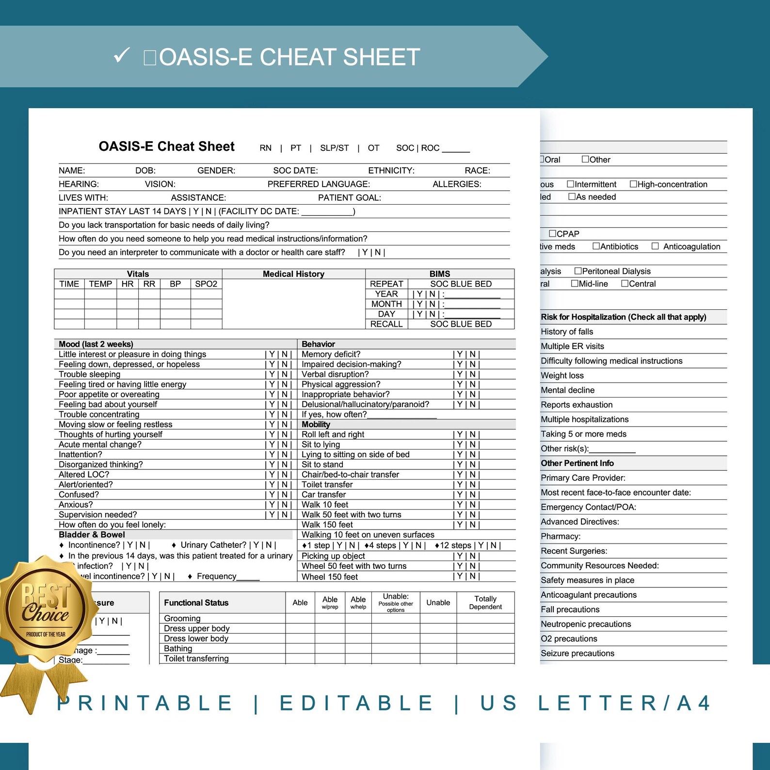 Printable OASIS-E Start of Care Cheat Sheet, Editable OASIS E Start of ...
