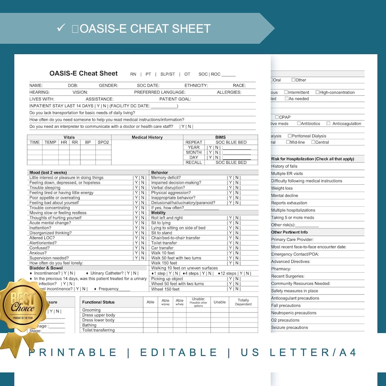 Printable OASIS-E Start of Care Cheat Sheet, Editable OASIS E Start of ...