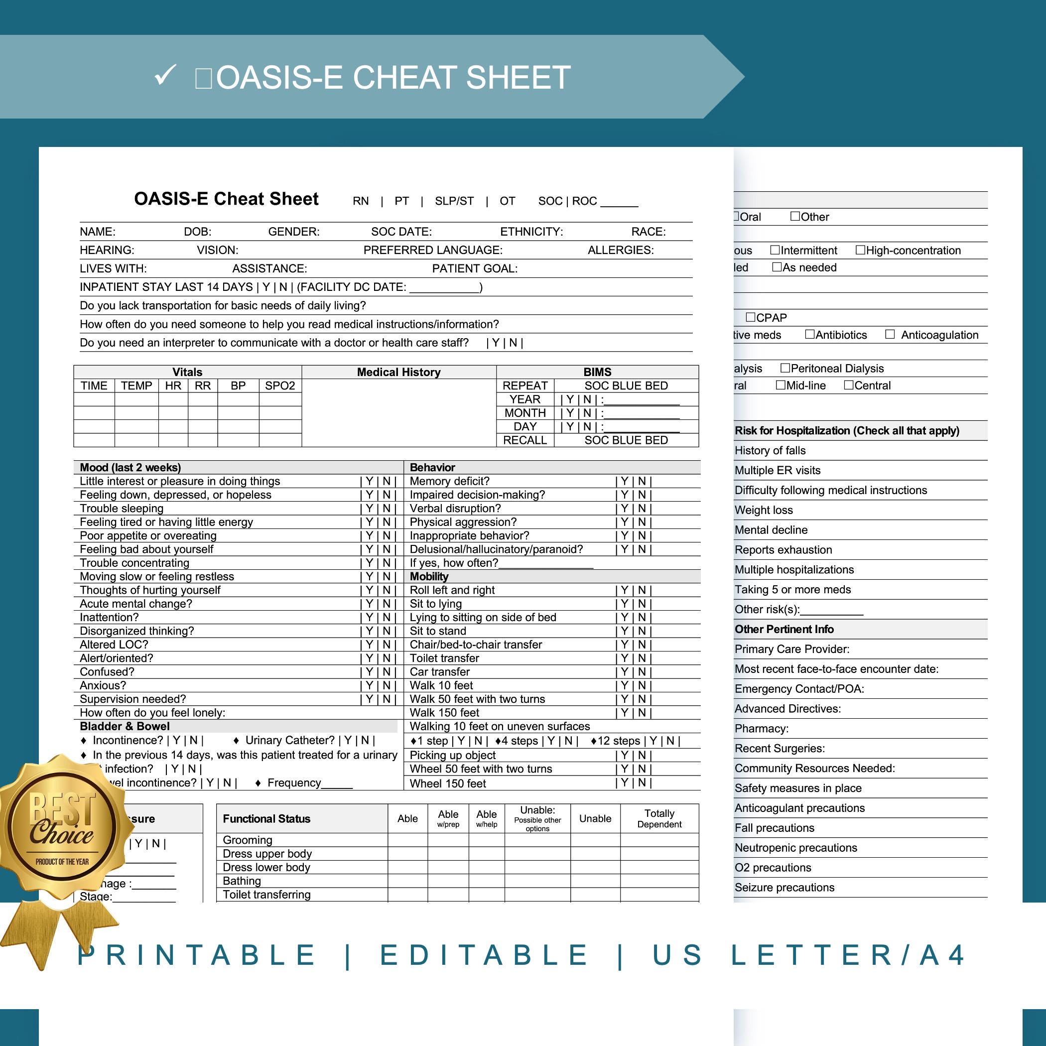 Printable OASIS-E Start of Care Cheat Sheet, Editable OASIS E Start of ...