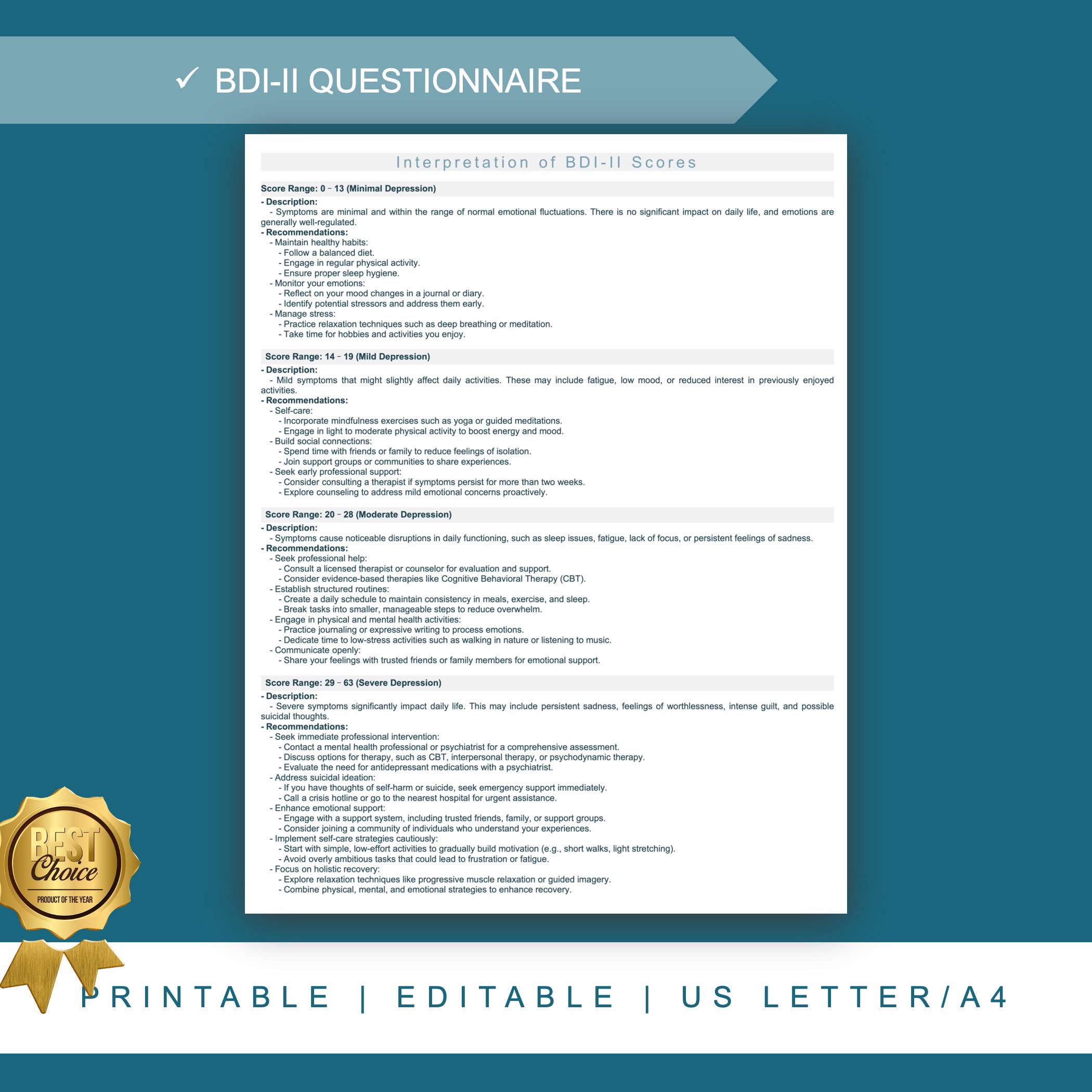 Printable Beck Depression Inventory (BDI-II) Questionnaire, Editable ...