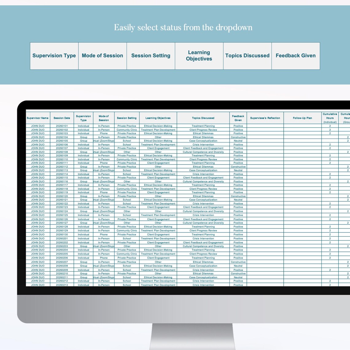 Clinical Supervision Session Tracker for Lpcs, Supervision Tracking Log ...