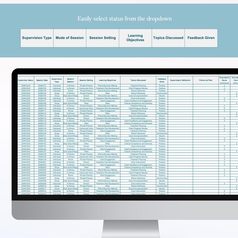 Clinical Supervision Session Tracker for Lpcs, Supervision Tracking Log ...