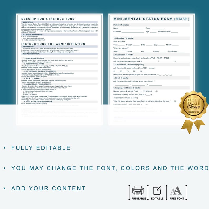 Editable Mini-mental Status Exam (MMSE) Template, Cognitive Assessment ...