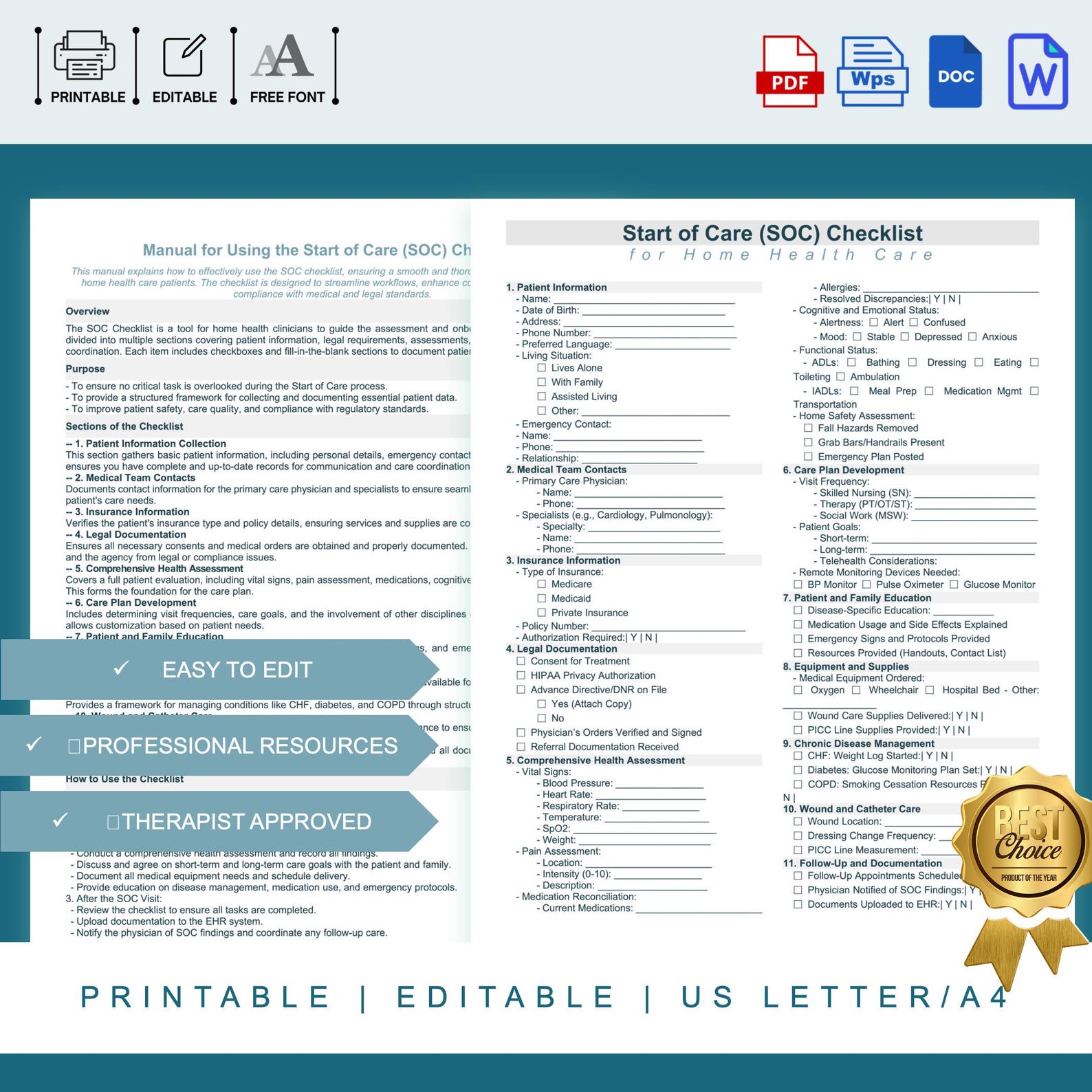 Comprehensive Soc Checklist for Home Health Care, Editable Start of ...