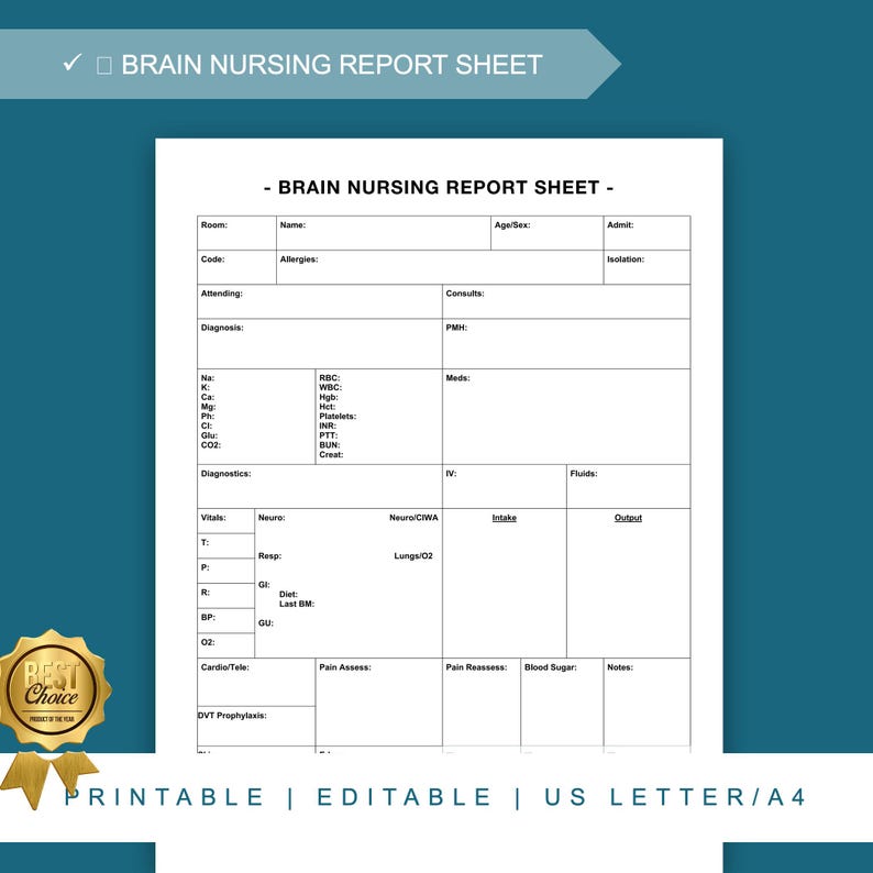 Printable Brain Nursing Report Sheet Template, Editable Nurse Brain ...