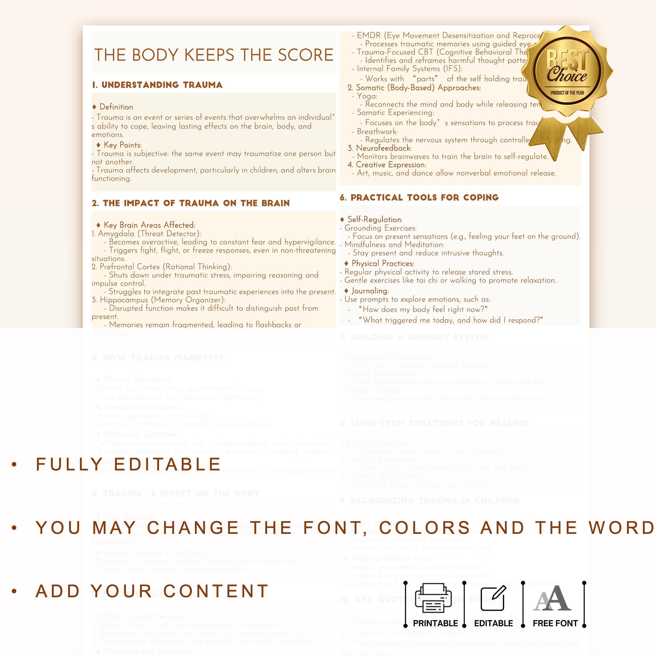The Body Keeps the Score Cheat Sheet, Trauma Recovery Cheat Sheet, the Body Keeps the Score Key ...