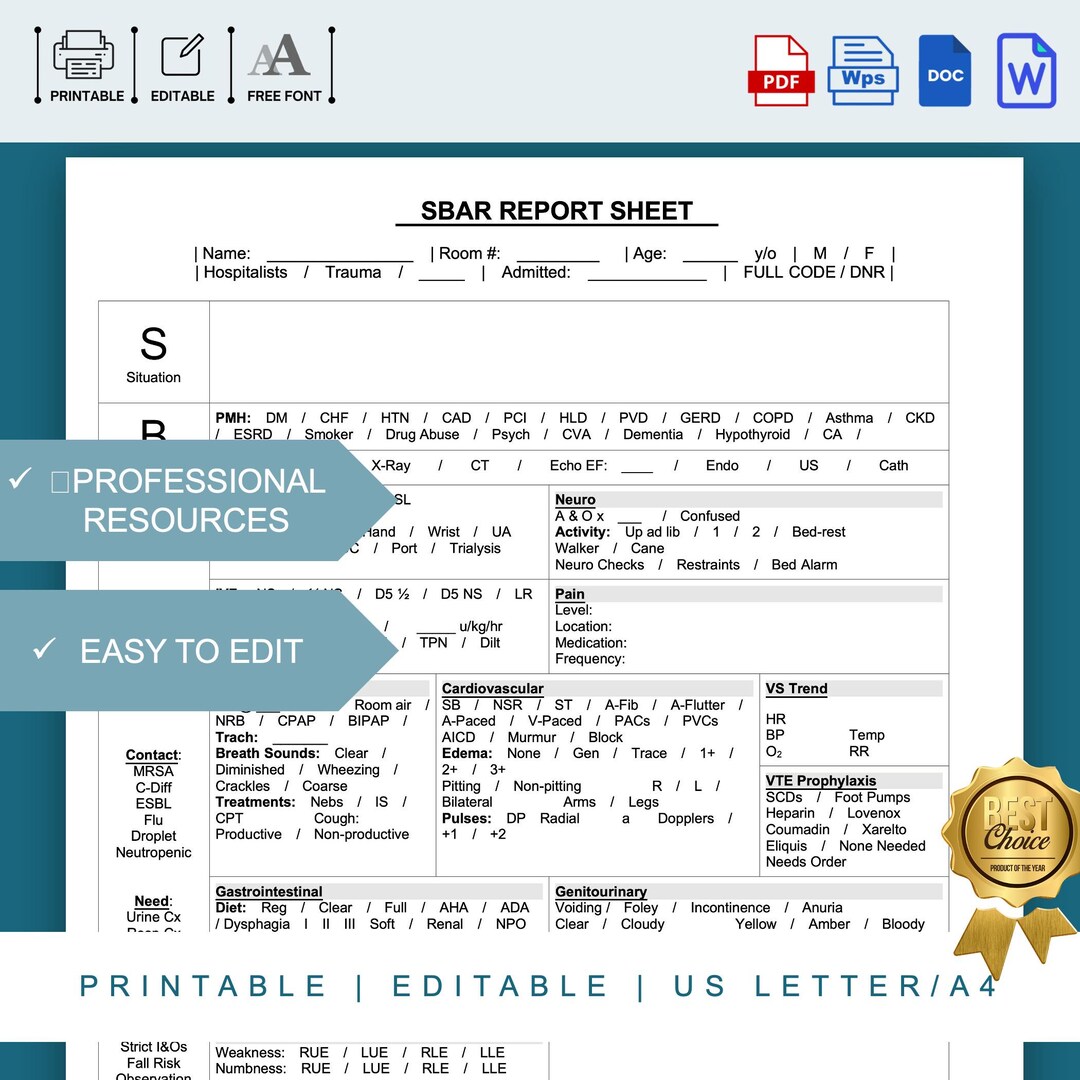 Printable SBAR Report Sheet Template for Nurses, Editable SBAR ...