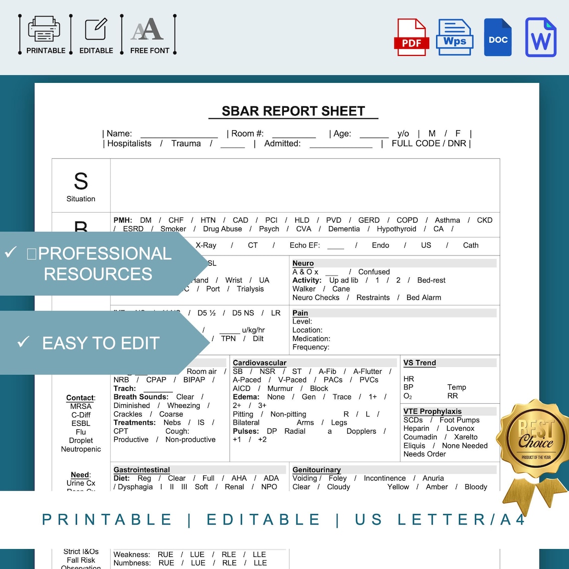 Printable SBAR Report Sheet Template for Nurses, Editable SBAR ...
