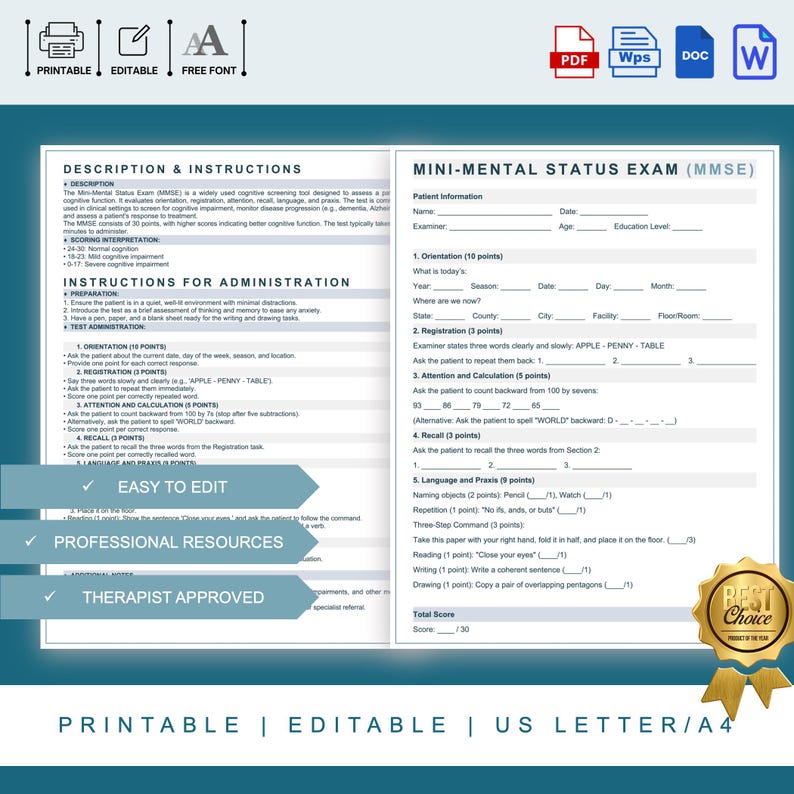 Editable Mini-mental Status Exam (MMSE) Template, Cognitive Assessment ...