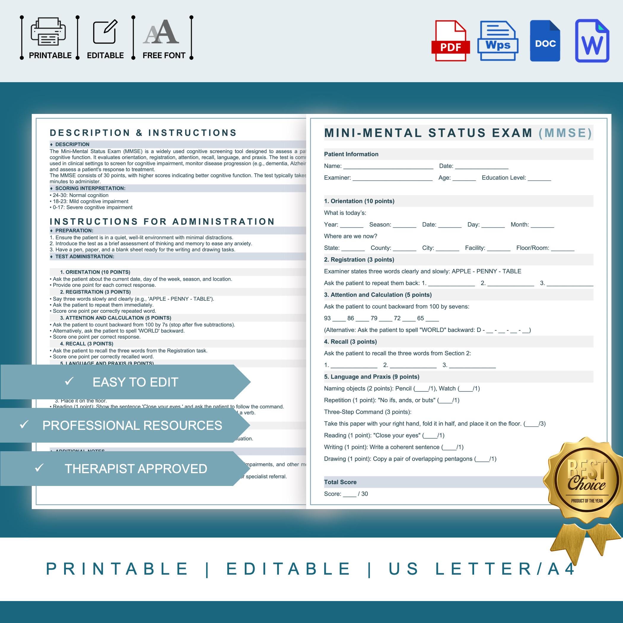 Editable Mini-mental Status Exam (MMSE) Template, Cognitive Assessment ...