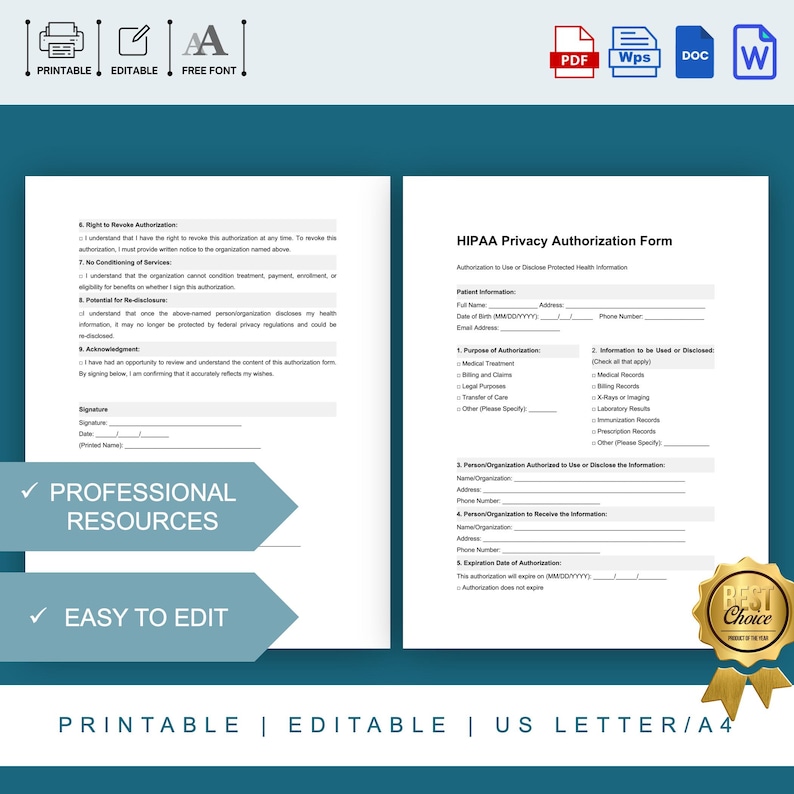 Editable HIPAA Privacy Authorization Form, Printable Medical Release ...