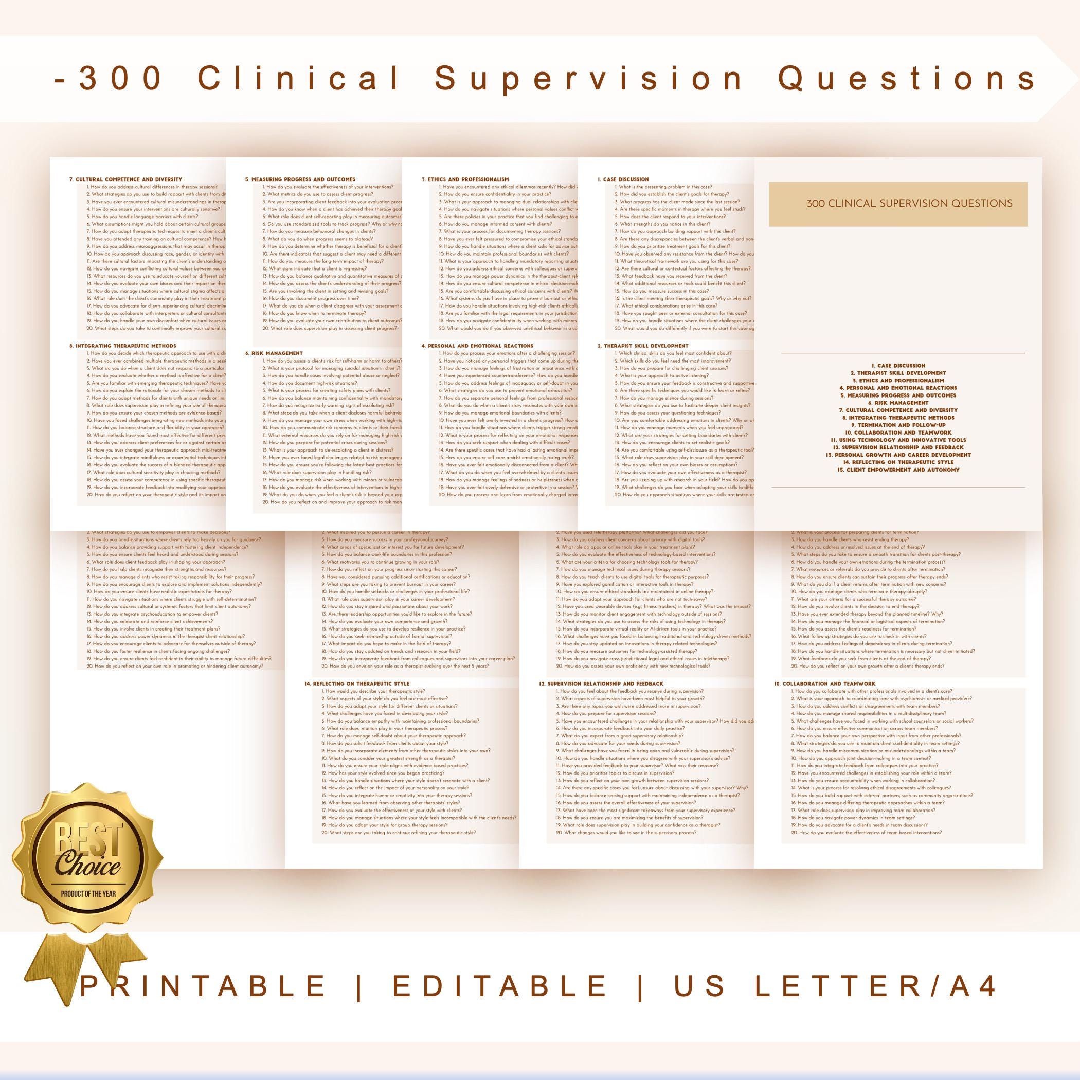 300 Clinical Supervision Questions, 15 Key Areas, Printable Therapist Supervision Questions ...