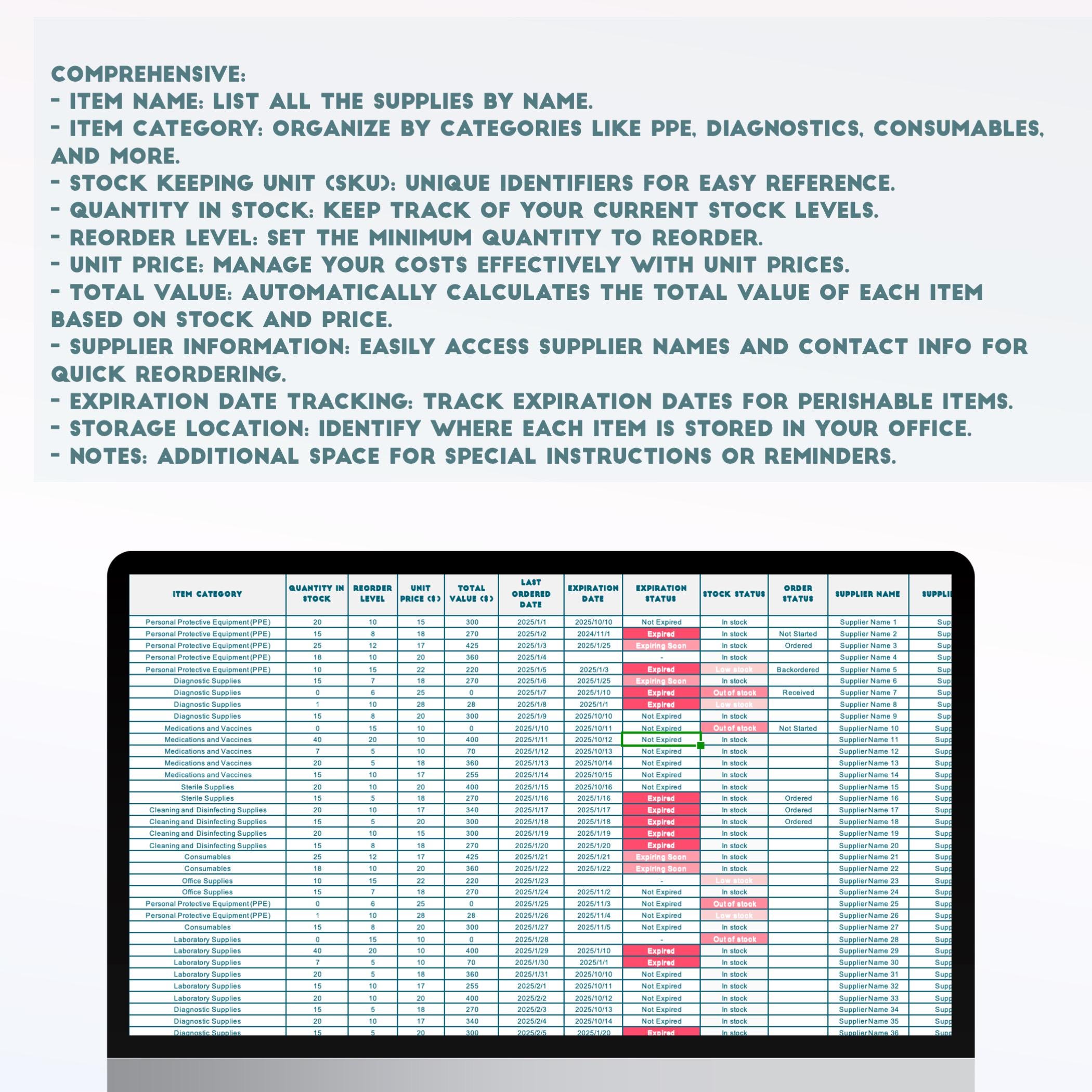 Medical Supply Inventory Tracker Template | Spreadsheet for Healthcare ...