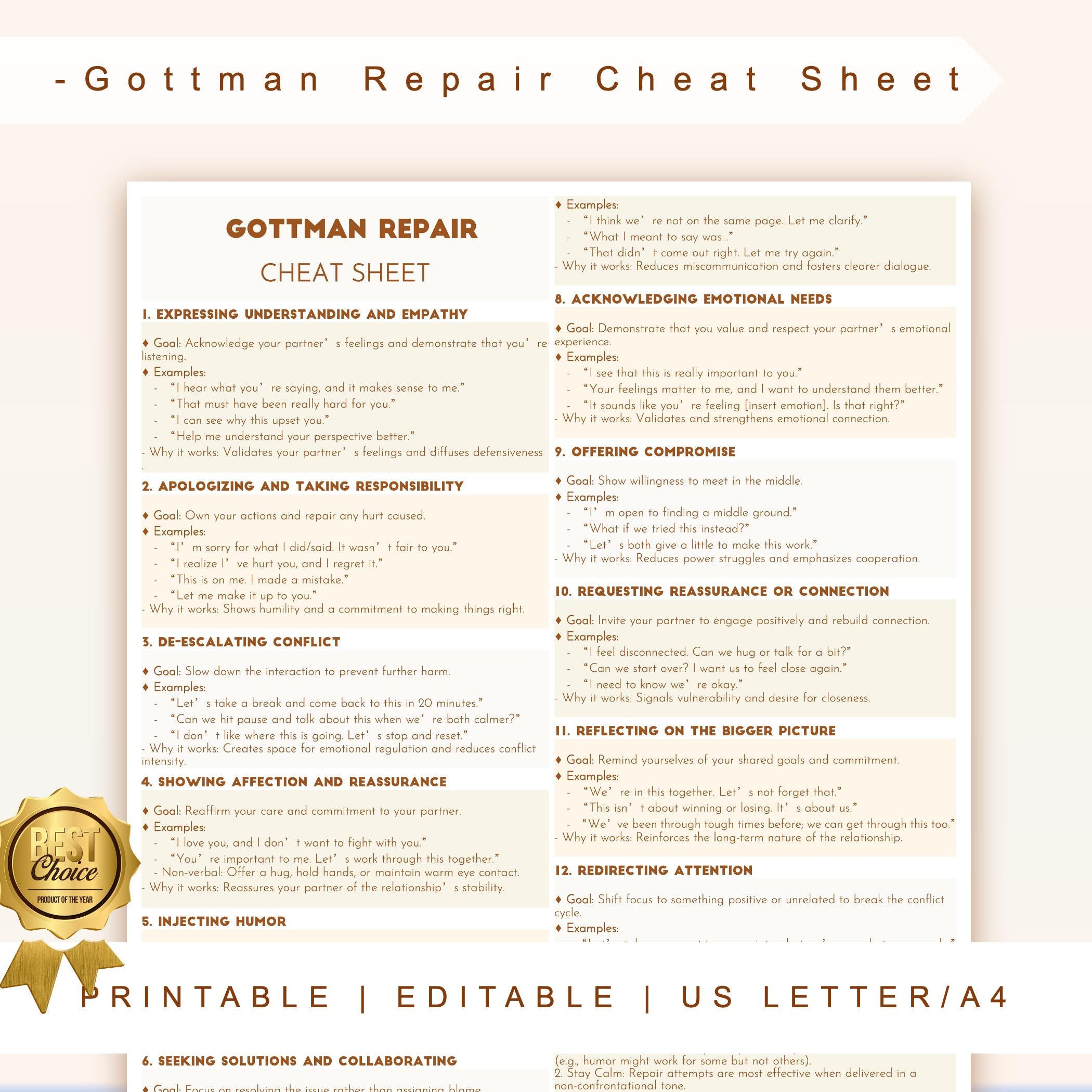 Gottman Repair Cheat Sheet, Relationship Conflict Resolution Printable ...