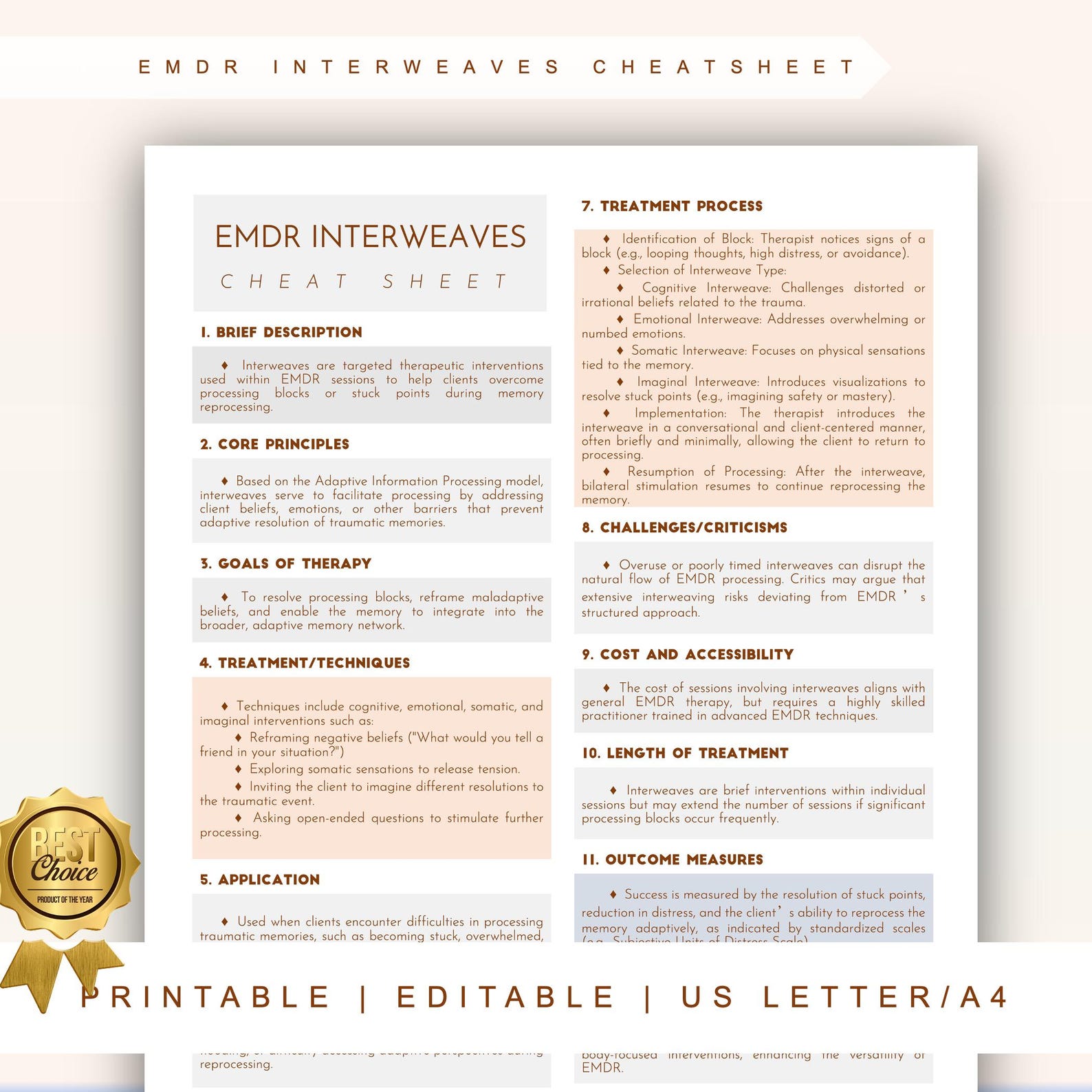 EMDR Interweave Cheat Sheet, Printable and Editable Therapist Guide for ...