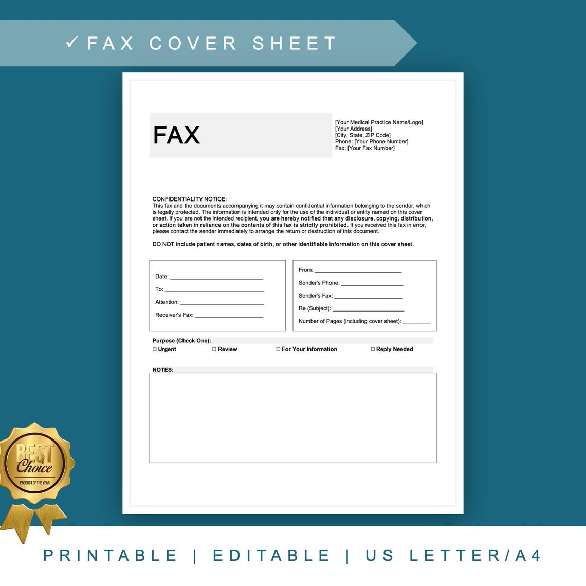 Medical Fax Cover Sheet Template, Printable Healthcare Fax Cover Sheet ...