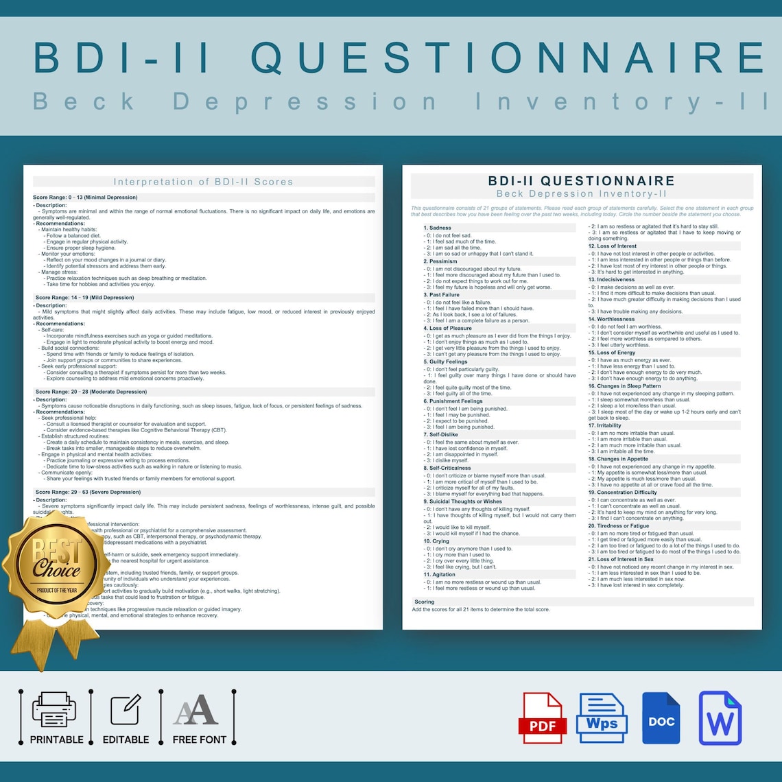 Printable Beck Depression Inventory (BDI-II) Questionnaire, Editable BDI Questionnaire,beck ...