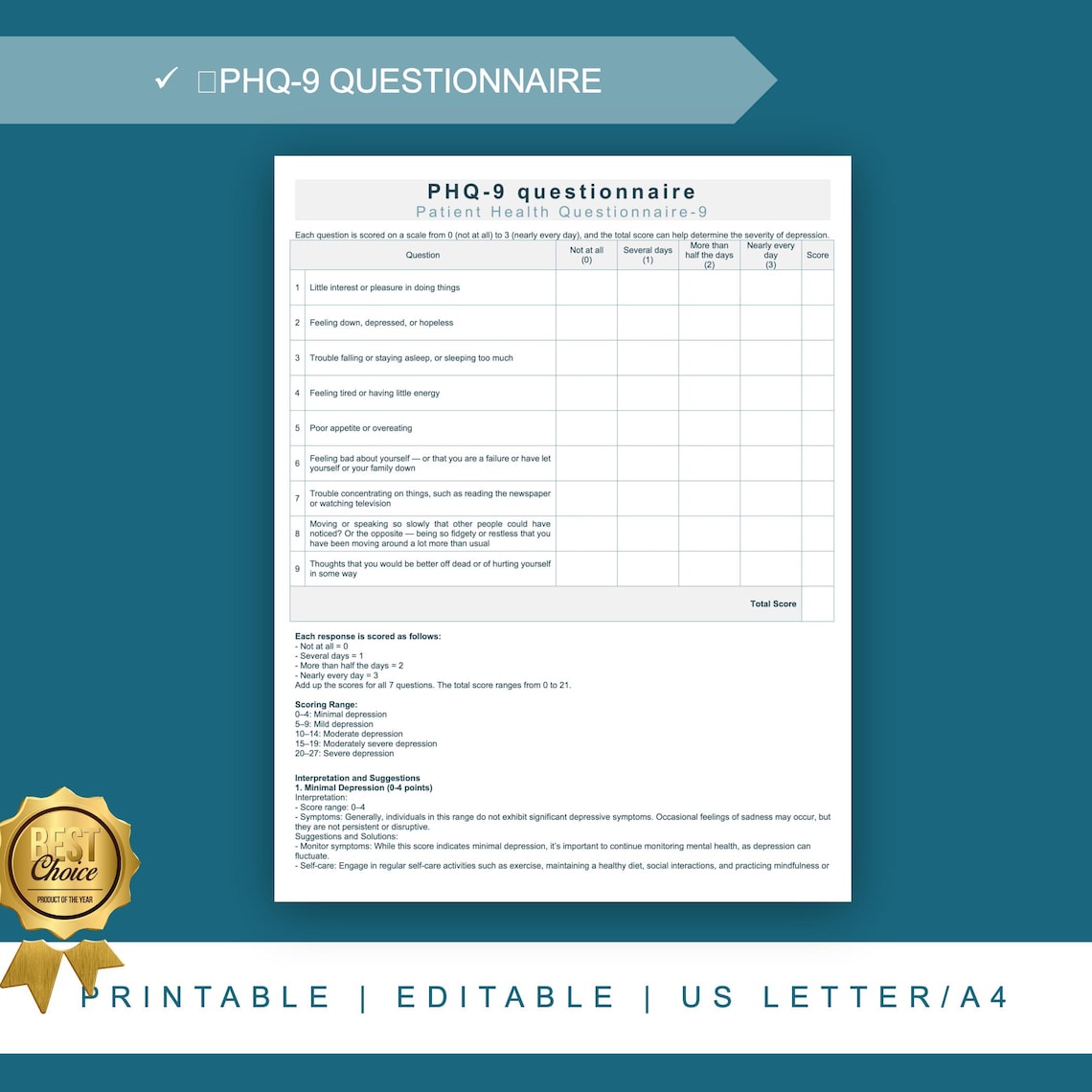 Printable PHQ-9 Questionnaire, Phq-9 Depression Test,phq-9 Self ...
