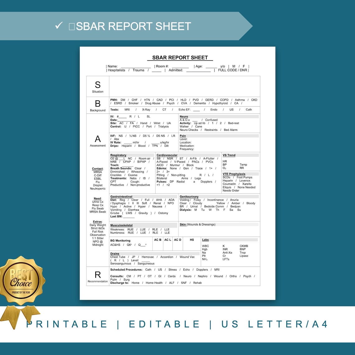 Printable SBAR Report Sheet Template for Nurses, Editable SBAR ...