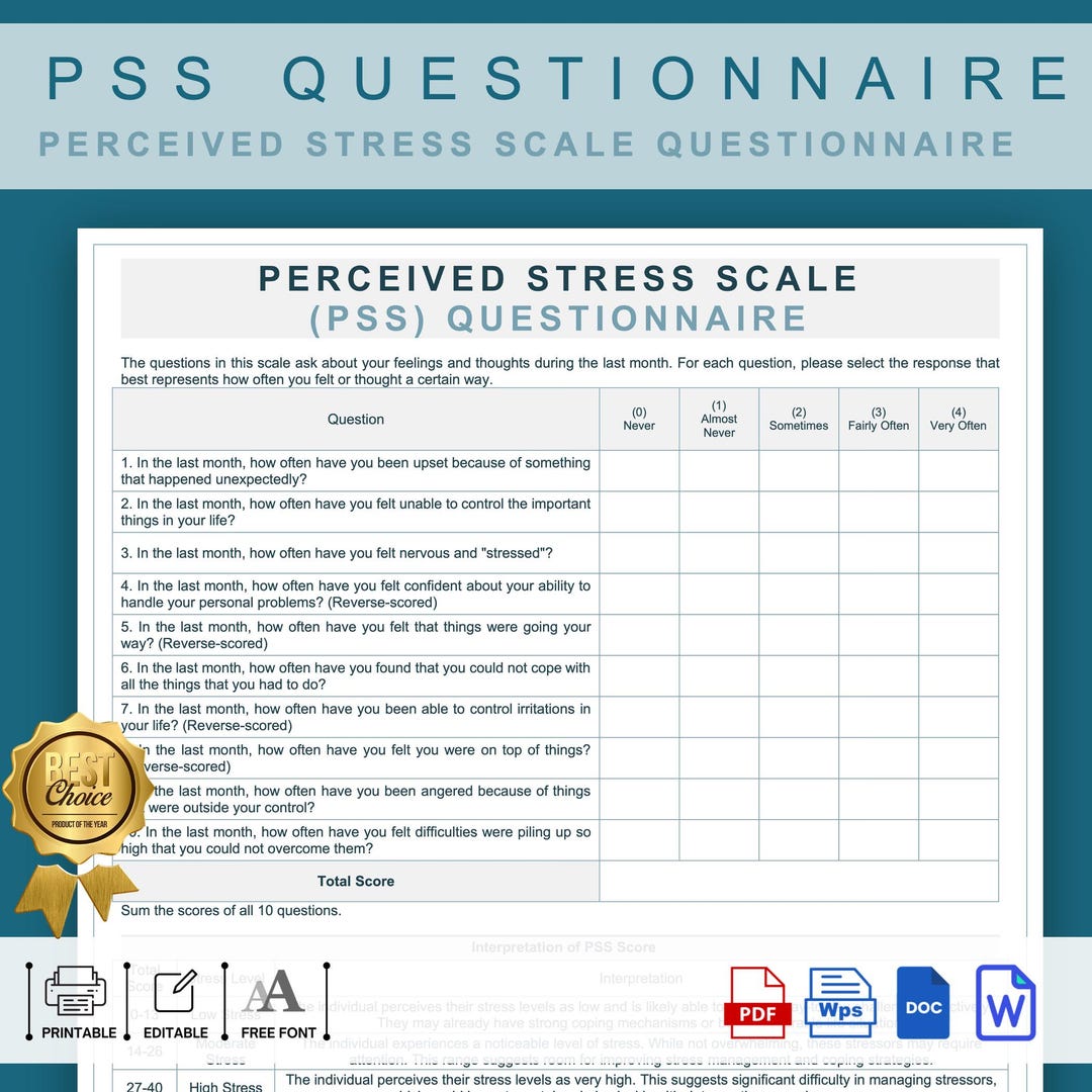 Perceived Stress Scale (PSS) Questionnaire, Printable Stress Management ...