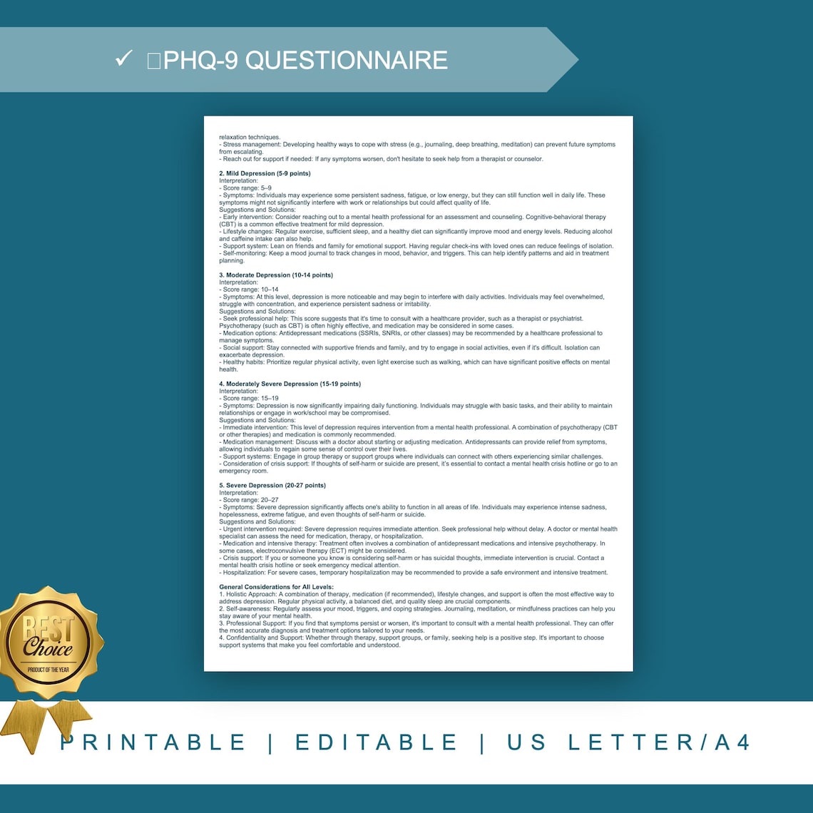 Printable PHQ-9 Questionnaire, Phq-9 Depression Test,phq-9 Self ...