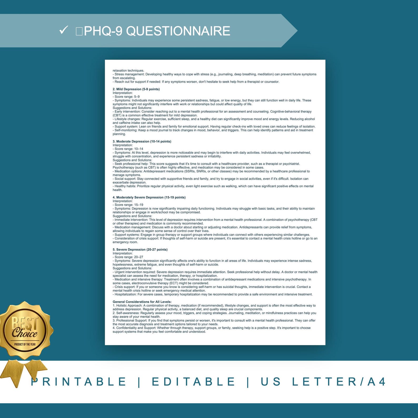 Printable PHQ-9 Questionnaire, Phq-9 Depression Test,phq-9 Self ...