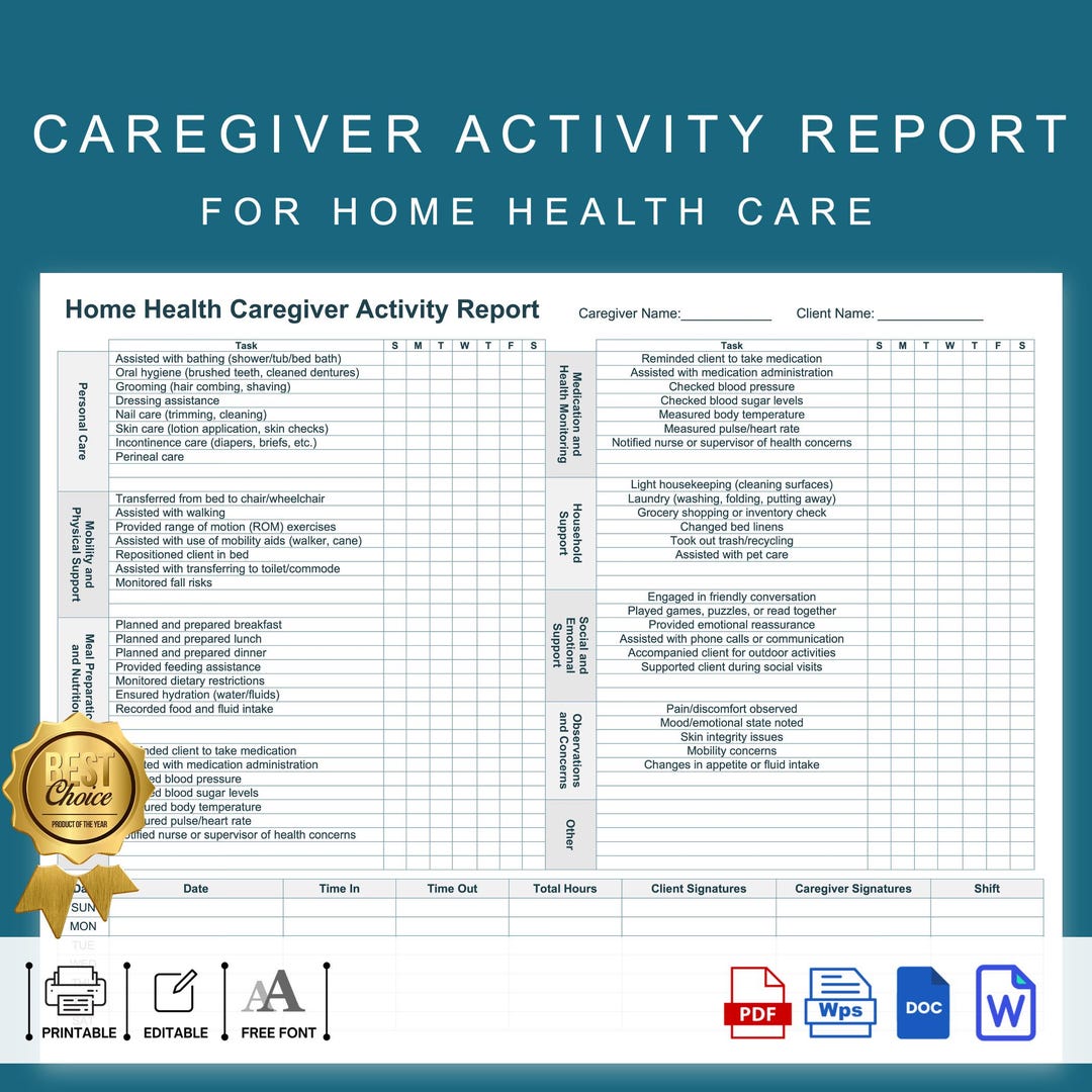 Home Health Caregiver Activity Report Template, Editable Weekly ...